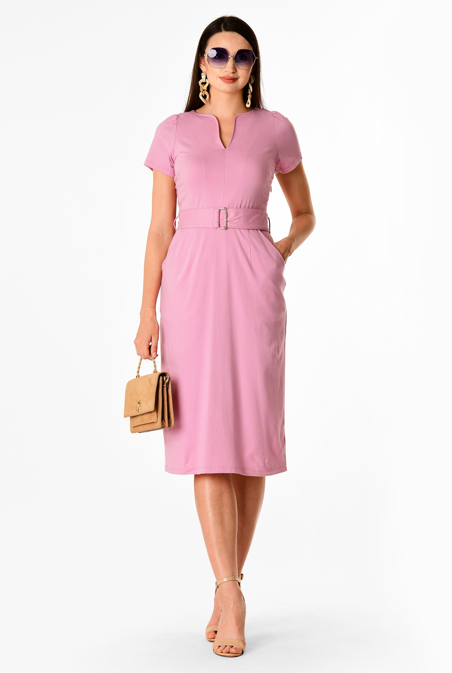 Shop Split neck cotton knit sheath belted dress | eShakti