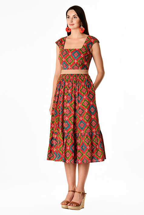 Shop Square neck floral print cotton flounce hem dress | eShakti