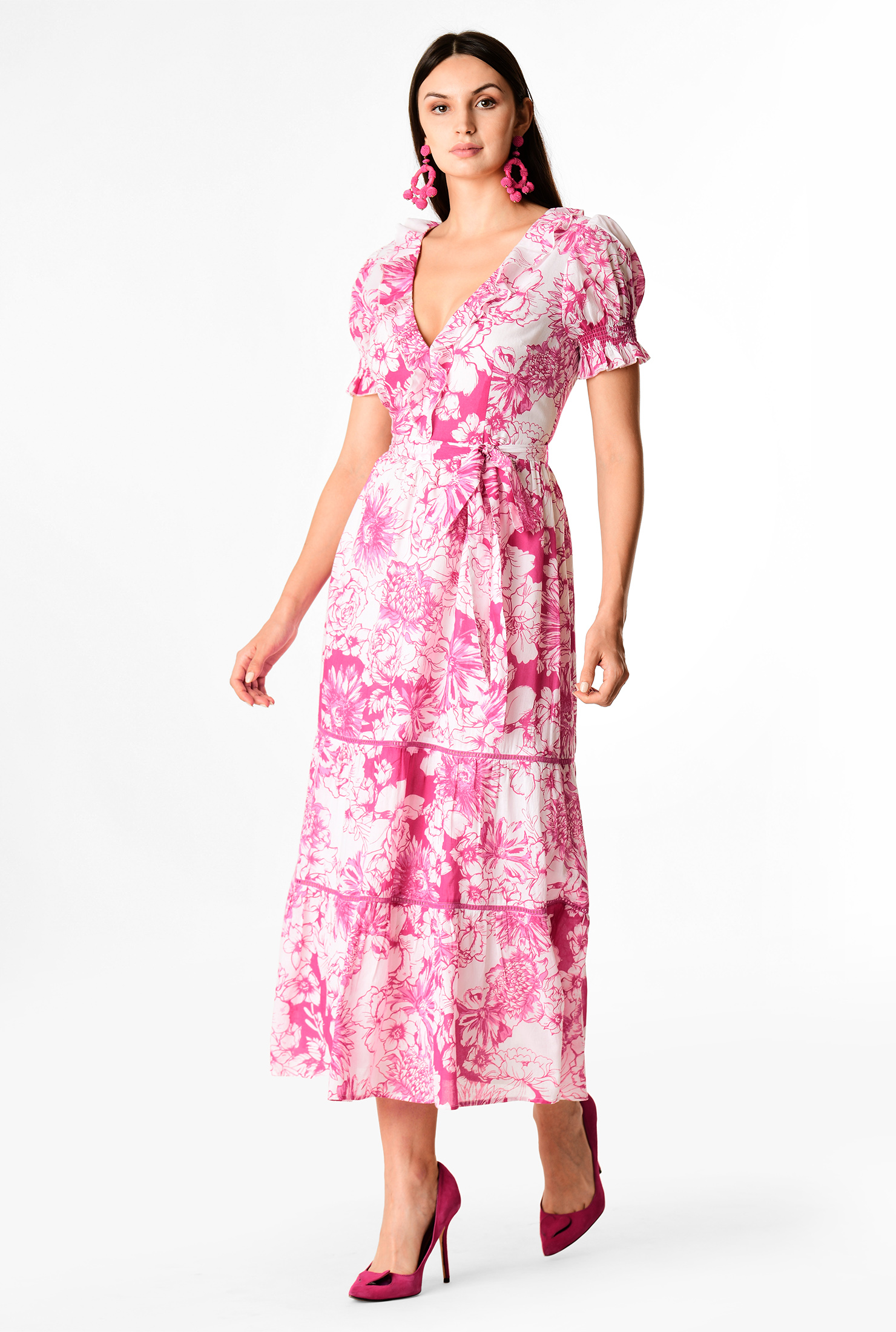 Shop Ruffle frill trim floral print cotton voile tier dress | eShakti