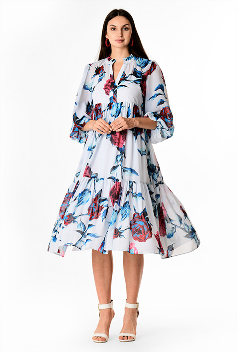 Shop Overblown rose print georgette tiered shift dress | eShakti