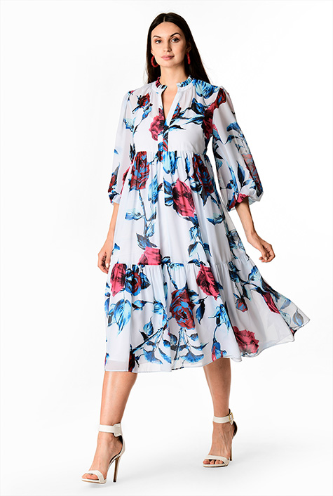 Shop Overblown rose print georgette tiered shift dress | eShakti