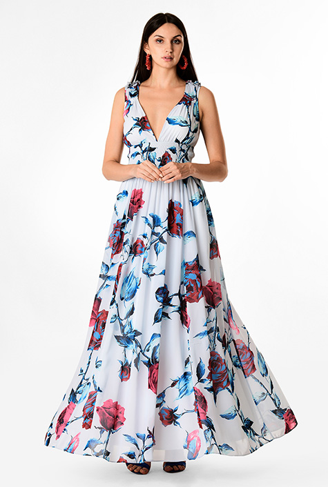 Shop Overblown rose print georgette maxi dress | eShakti