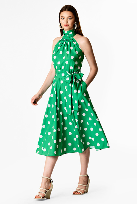 Shop Bow Tie Neck Polka Dot Print Crepe Halter Dress Eshakti