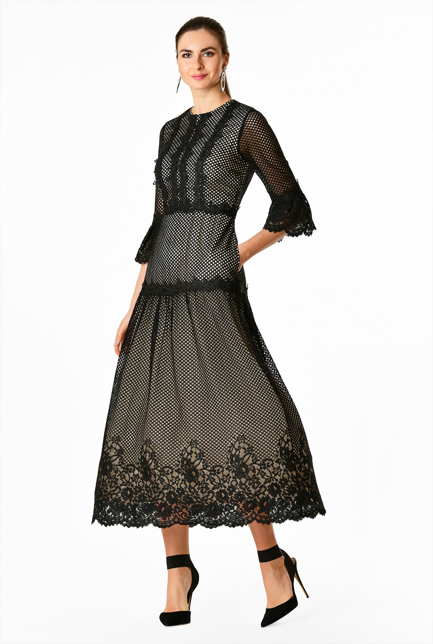 Shop Contrast trim floral mesh lace dress | eShakti