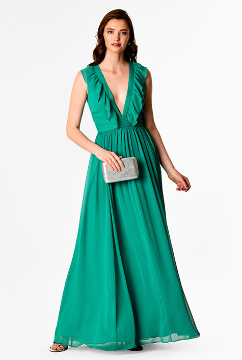 Shop Ruffle plunge chiffon maxi dress | eShakti