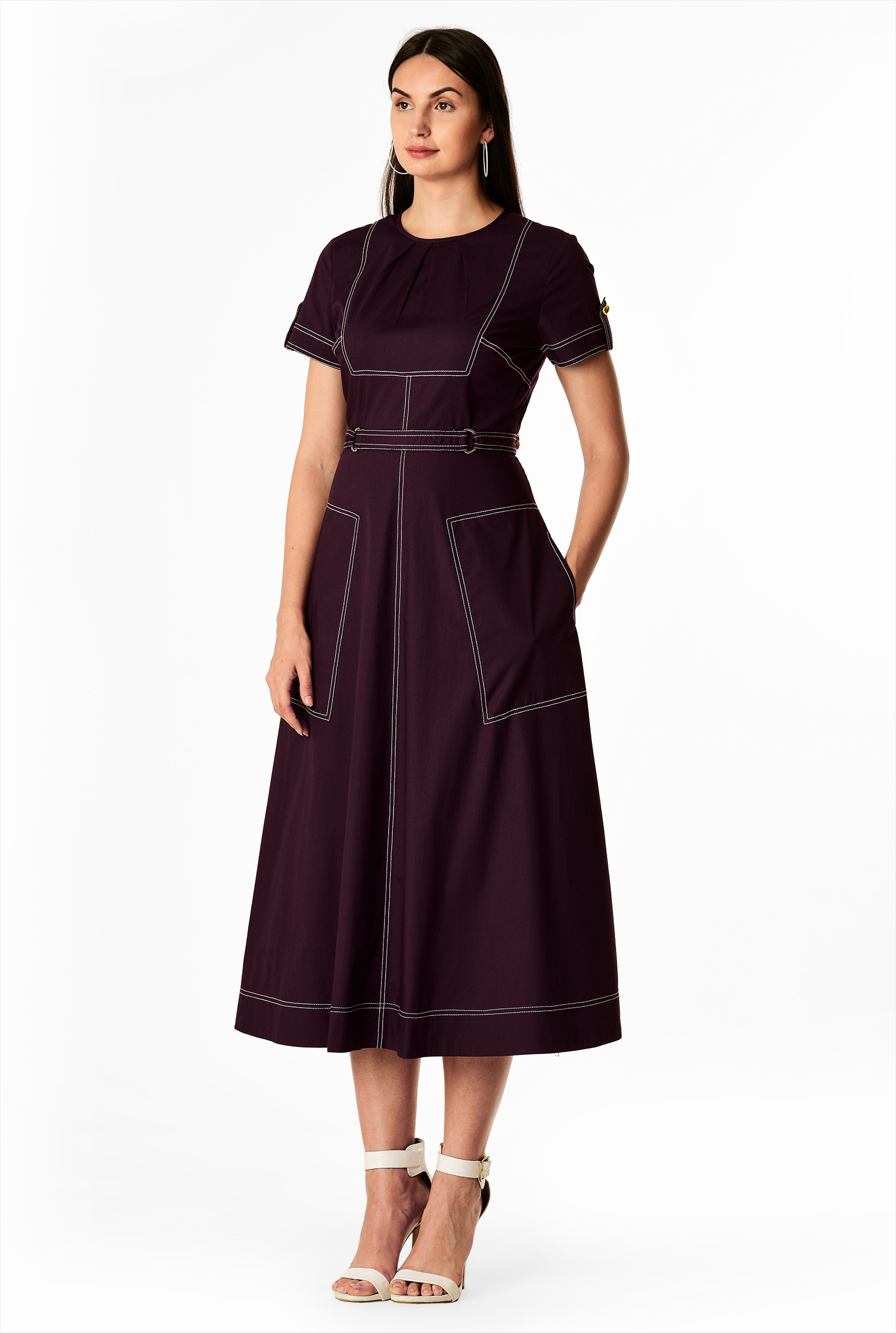 Shop Buckle tab waist poplin dress | eShakti