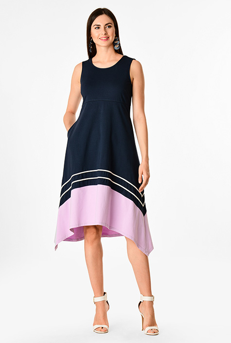 Shop Colorblock cotton knit asymmetric hem dress | eShakti