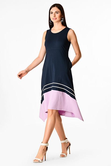 Shop Colorblock cotton knit asymmetric hem dress | eShakti