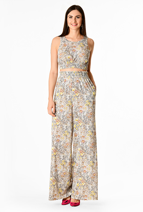 Shop Floral print cotton knit tank and palazzo pants set | eShakti