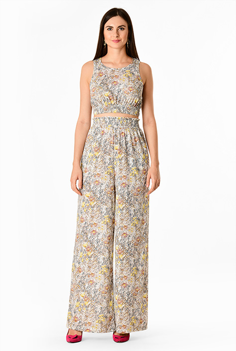 Shop Floral print cotton knit tank and palazzo pants set | eShakti