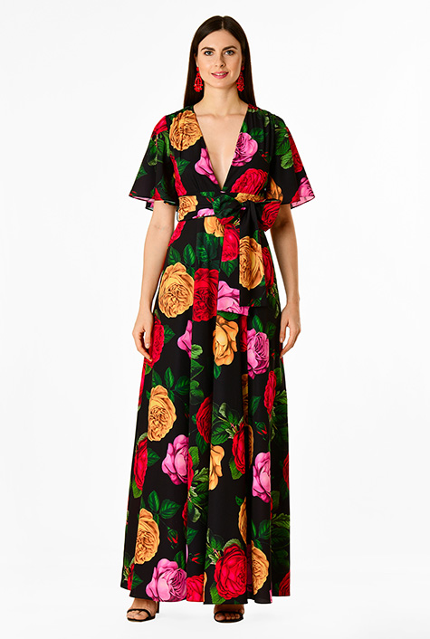 Shop Plunge floral print crepe maxi dress | eShakti