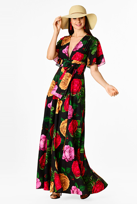Shop Plunge floral print crepe maxi dress | eShakti