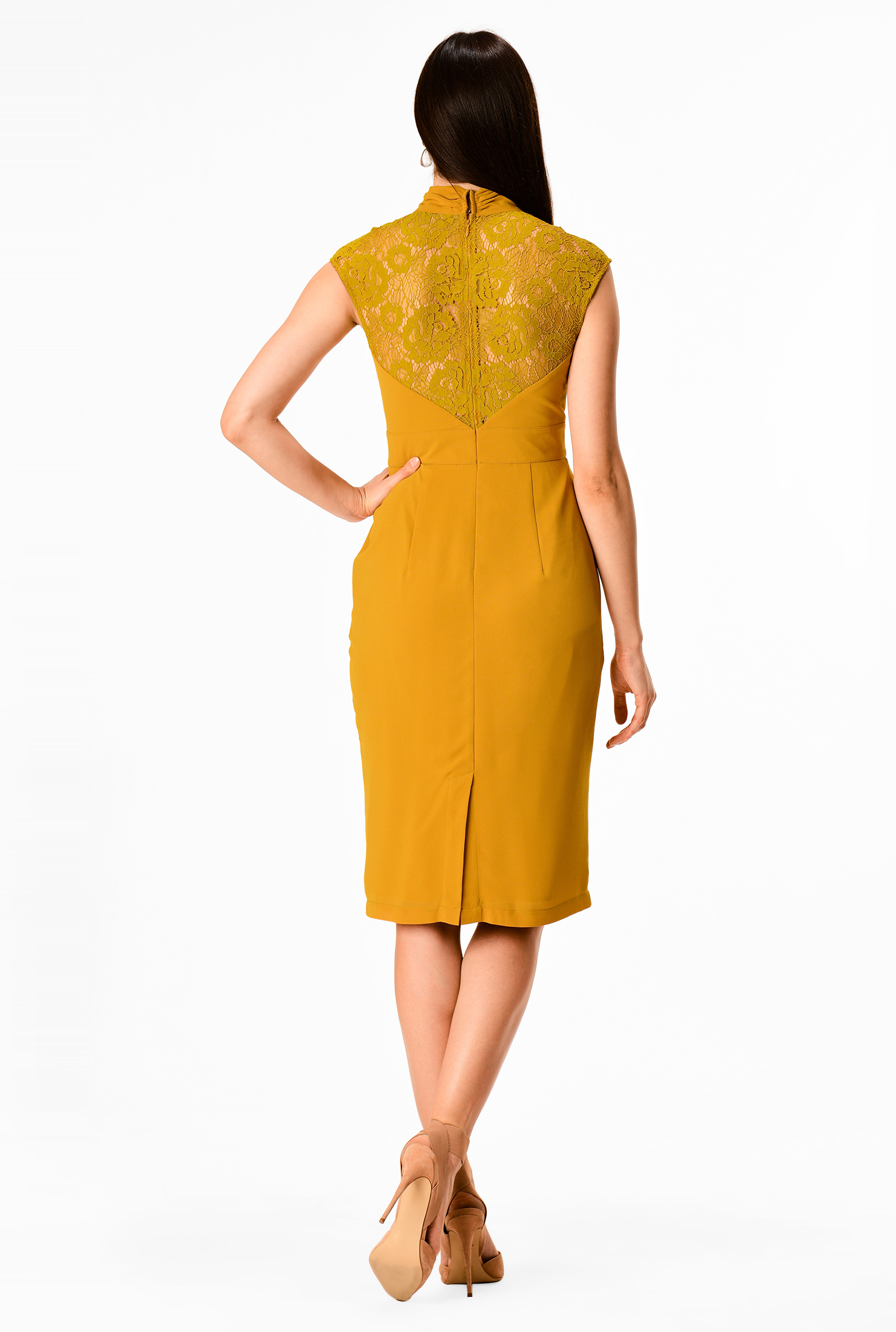 Shop Bow-tie neck illusion floral lace chiffon sheath dress | eShakti