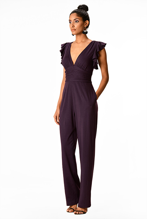 Shop Ruffle sleeve plunge empire cotton knit jumpsuit | eShakti