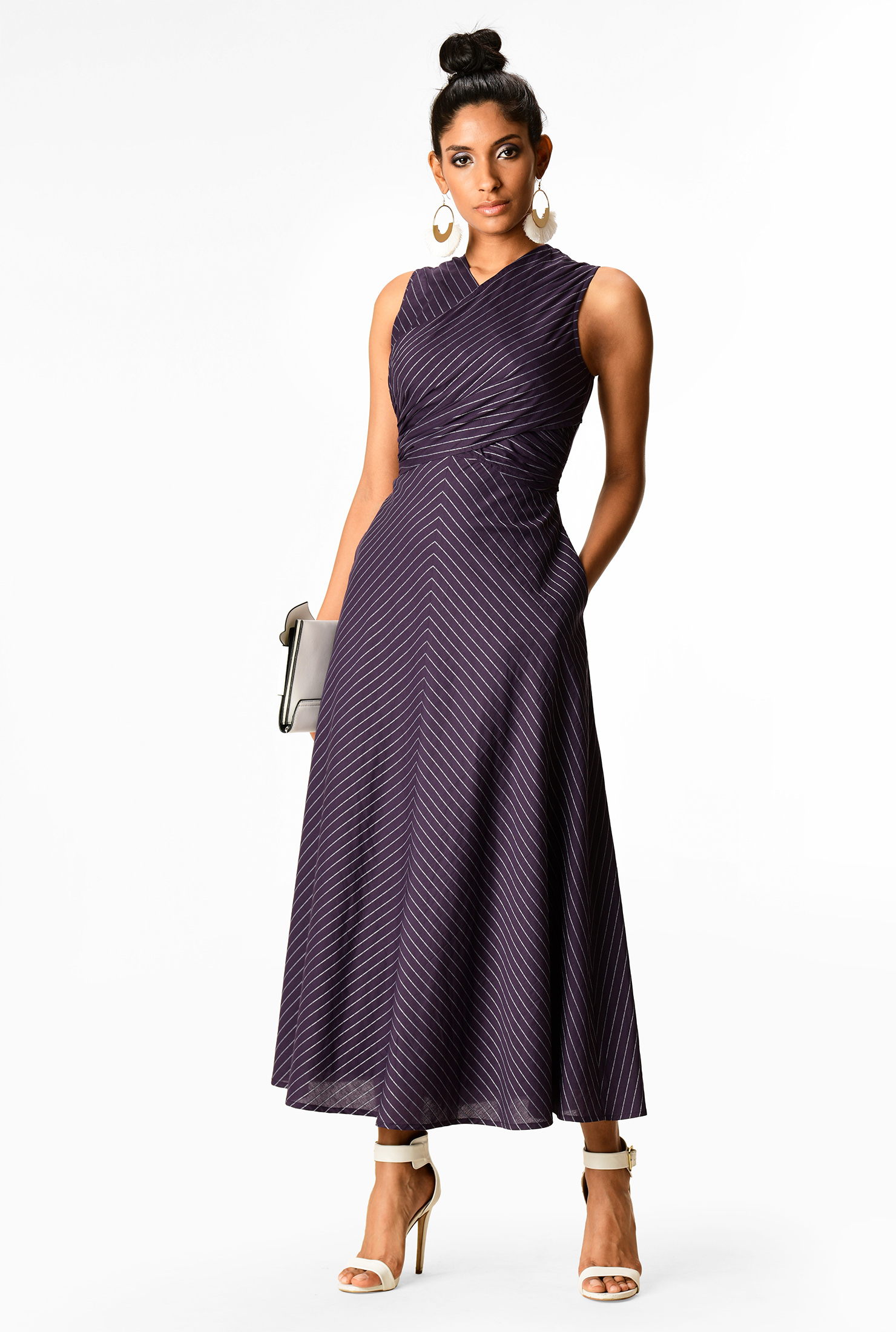 Shop Woven stripe cotton pleated cross front dress | eShakti