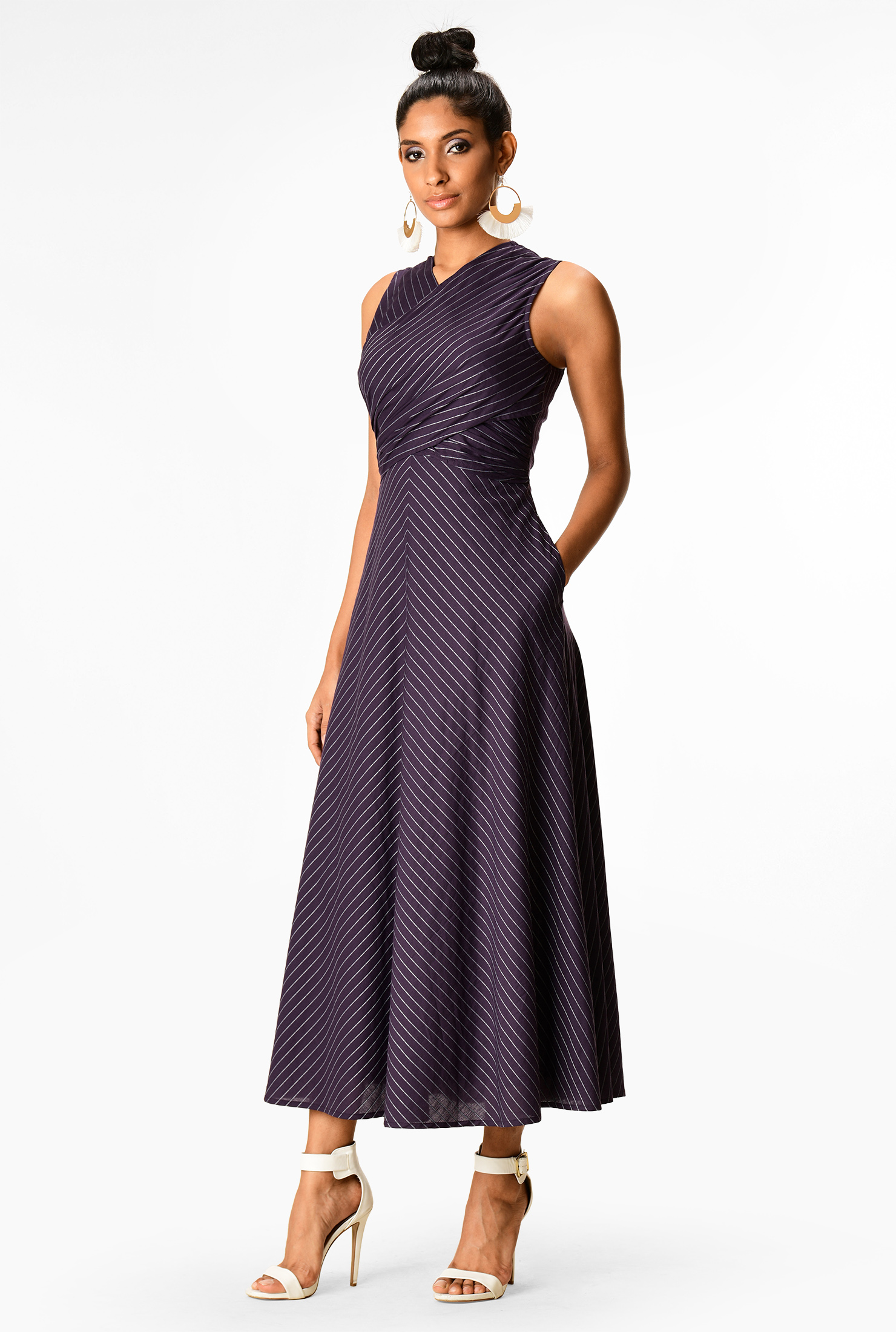 Shop Woven stripe cotton pleated cross front dress | eShakti