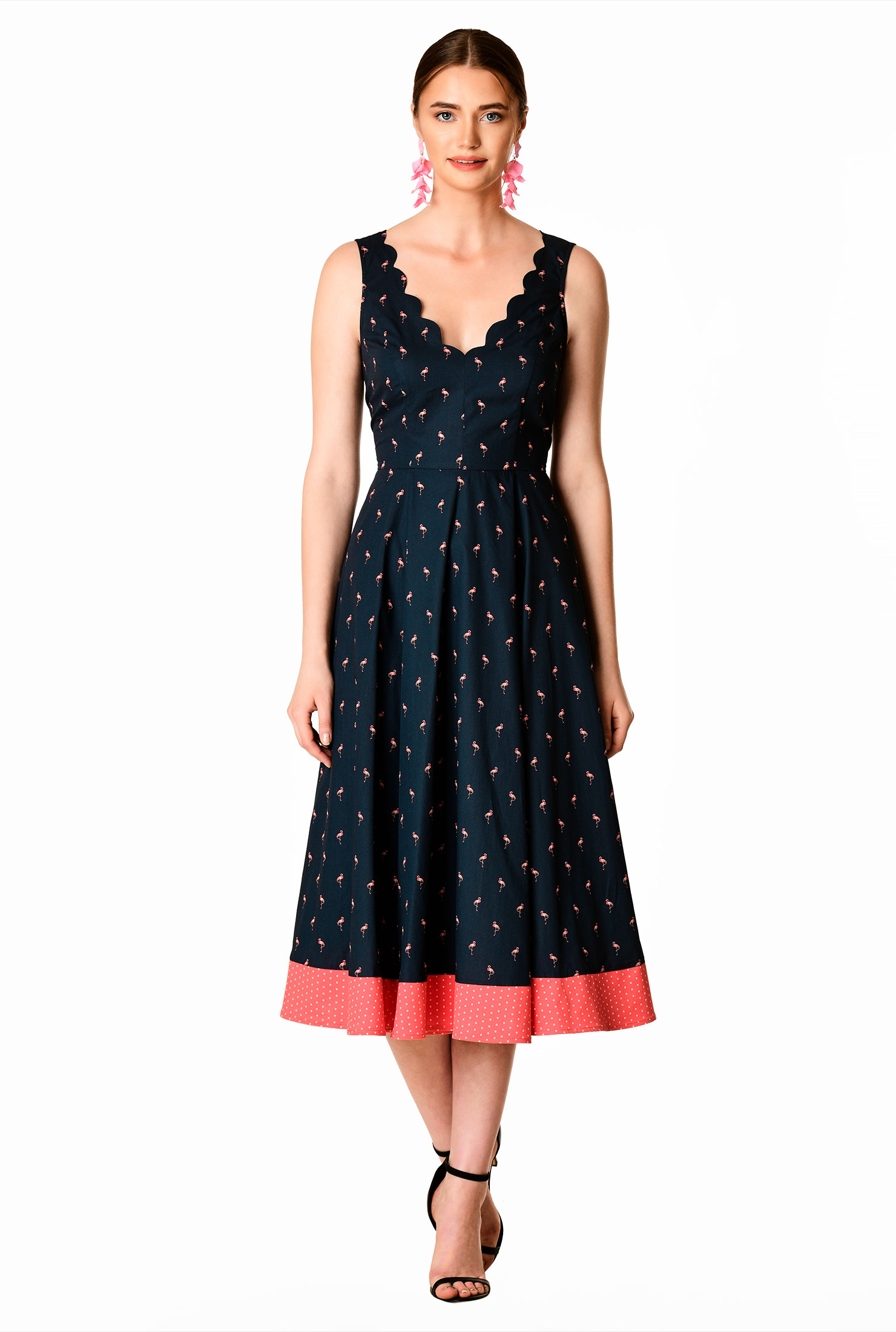 Shop Flamingo print scallop trim cotton dress | eShakti