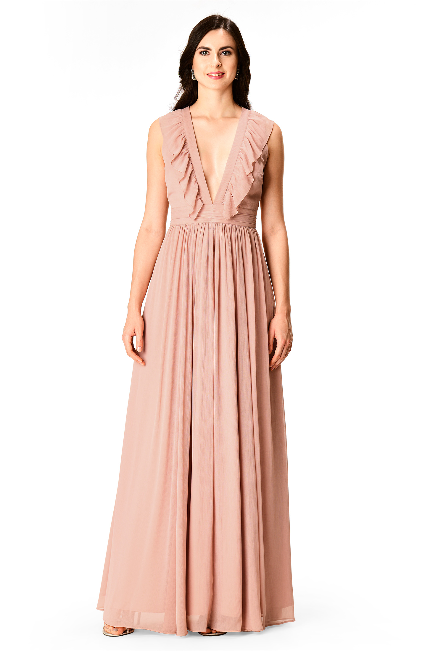 Shop Ruffle plunge chiffon maxi dress | eShakti