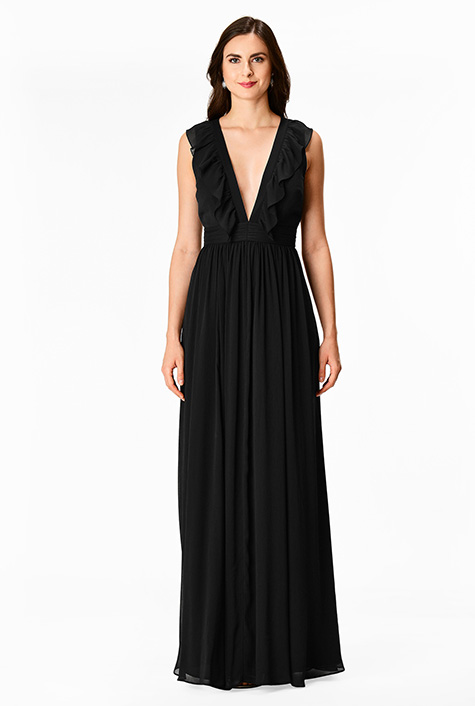 Shop Ruffle plunge chiffon maxi dress | eShakti