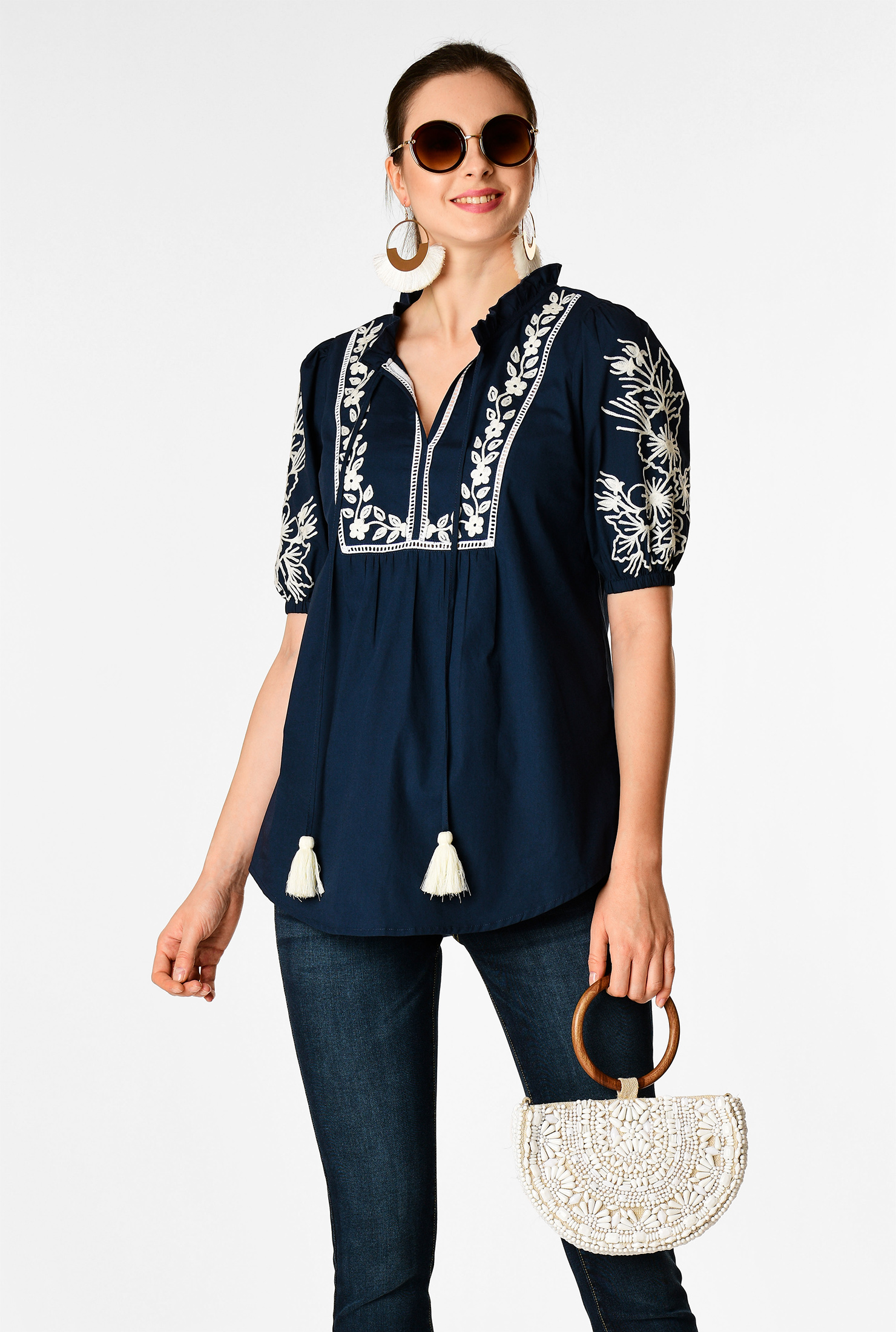 Shop Floral embellished poplin top | eShakti