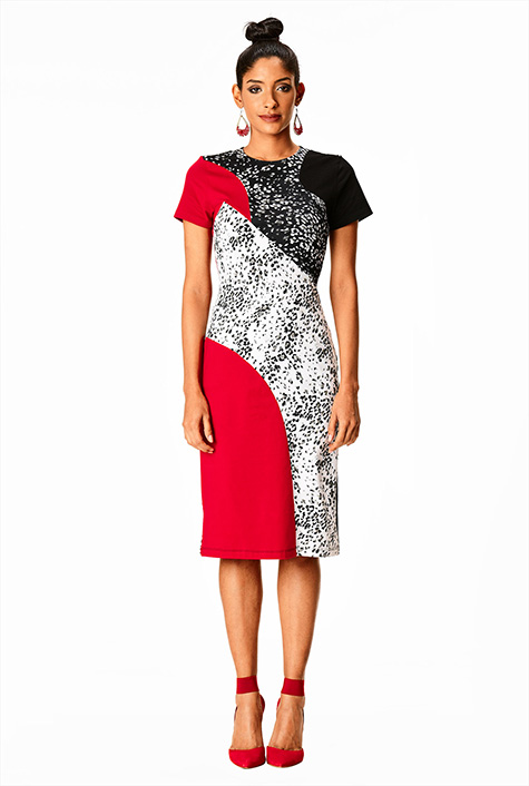 Shop Colorblock animal print cotton knit shift dress | eShakti
