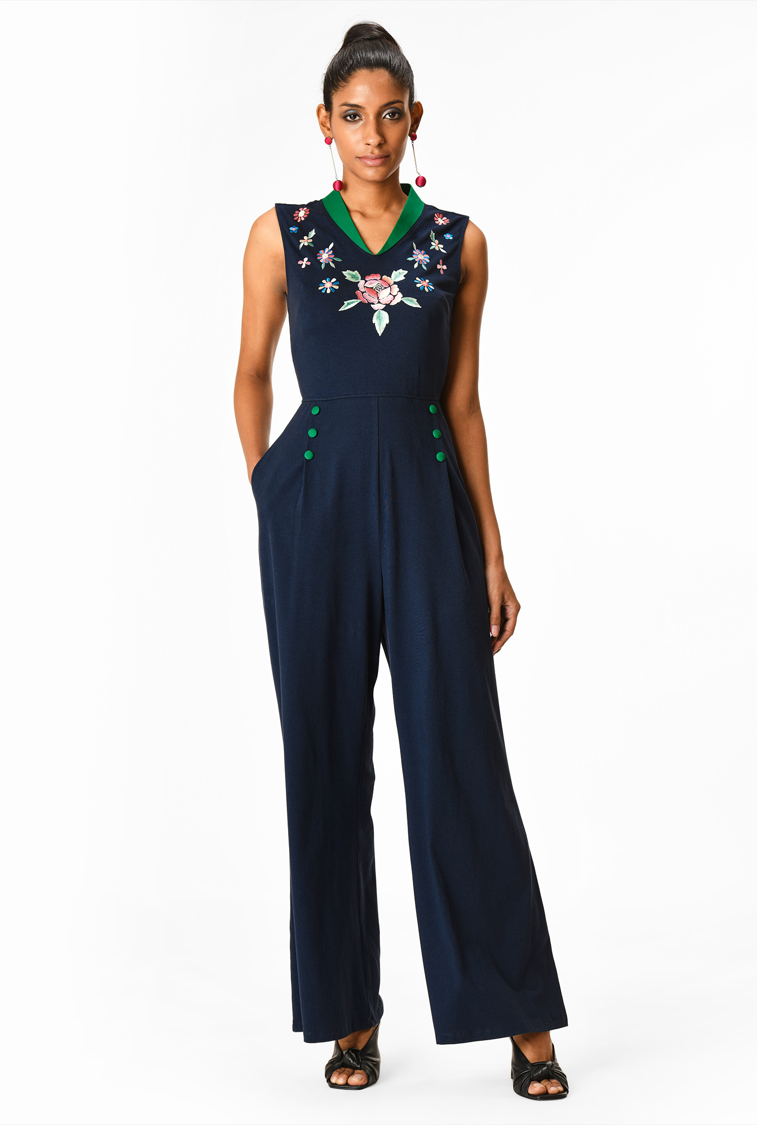 Shop Floral embellished button trim cotton knit jumpsuit | eShakti