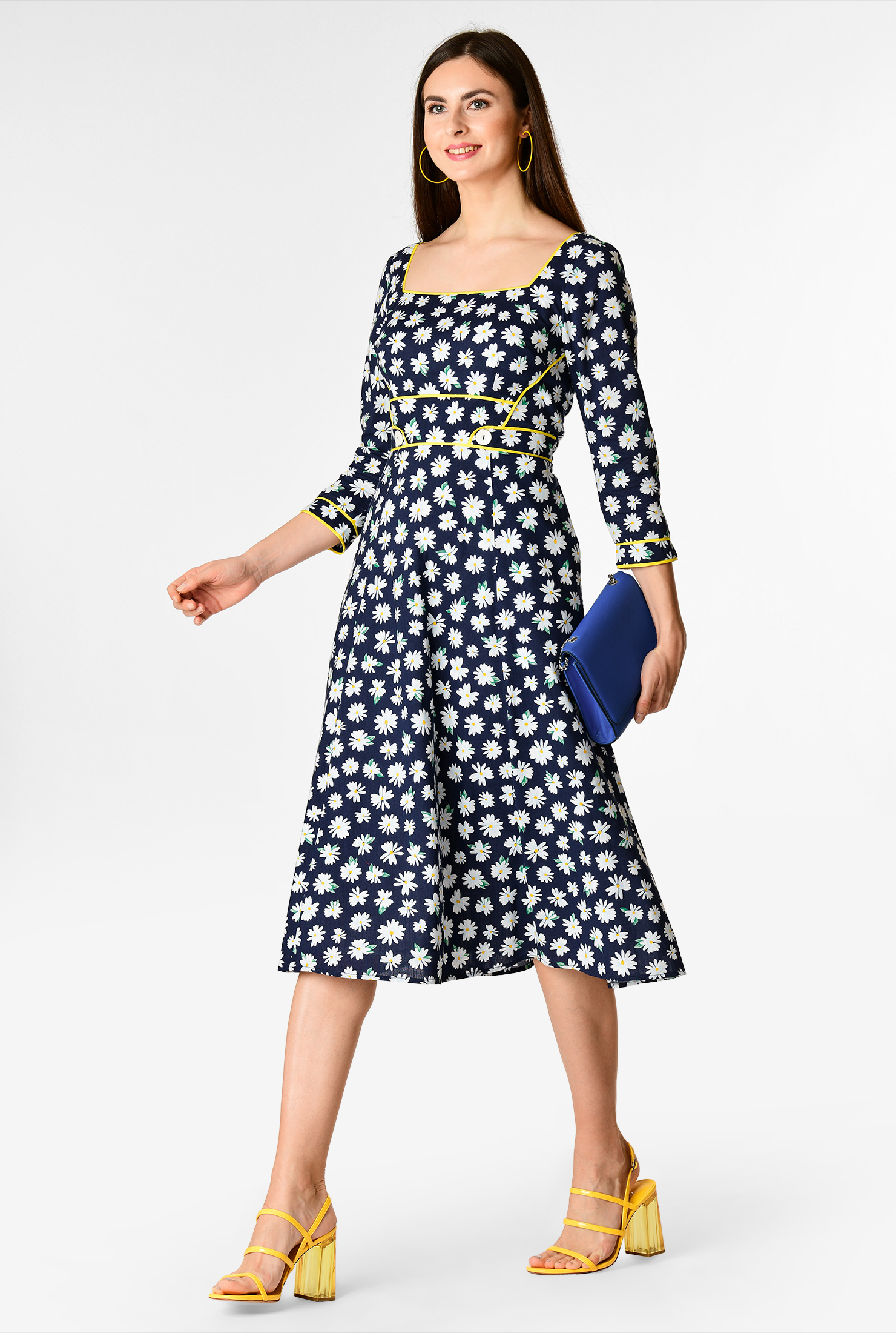 Shop Daisy print contrast trim button tab dress | eShakti