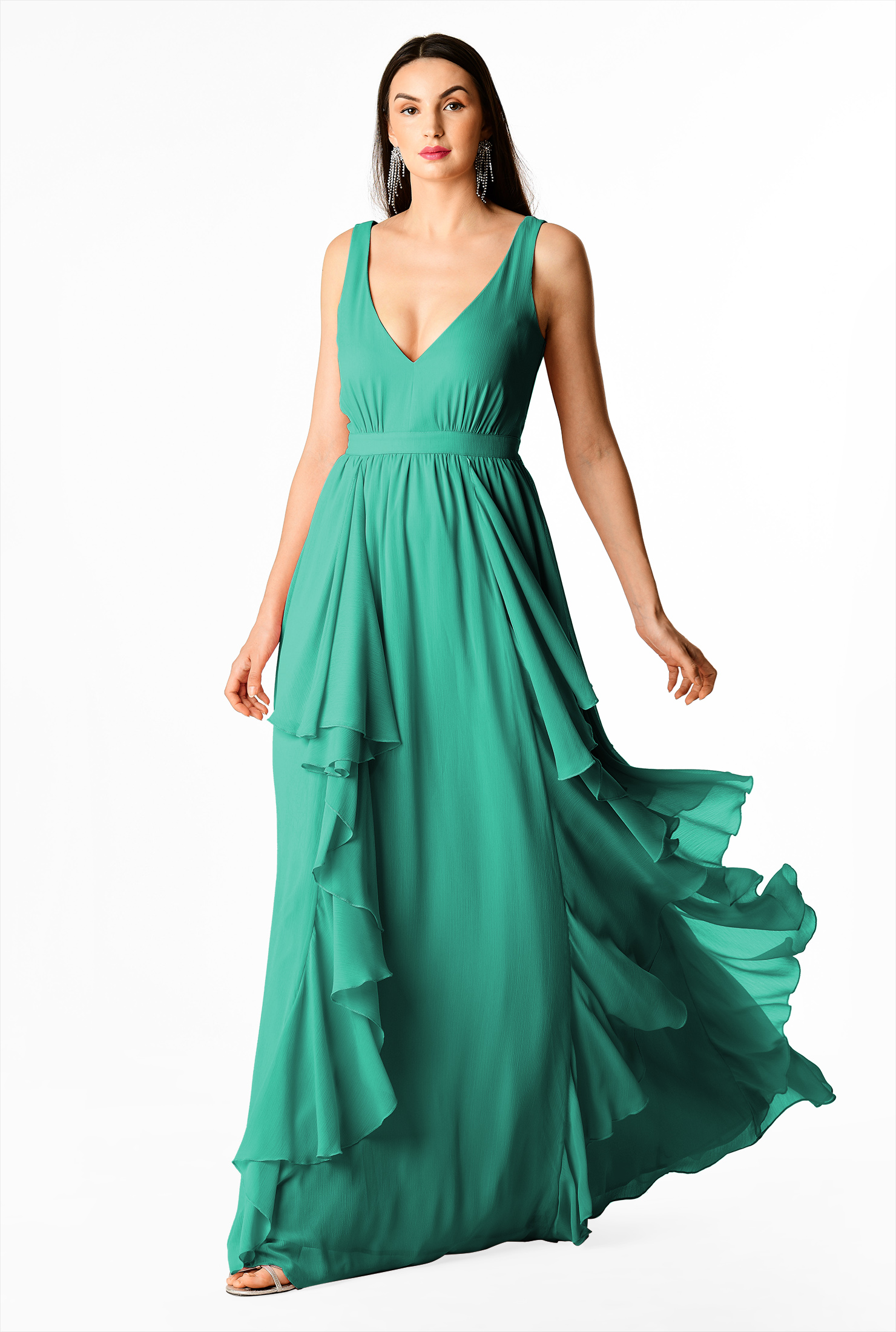 Shop Ruffle cascade chiffon maxi dress | eShakti