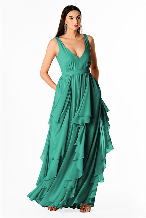 Shop Ruffle cascade chiffon maxi dress | eShakti