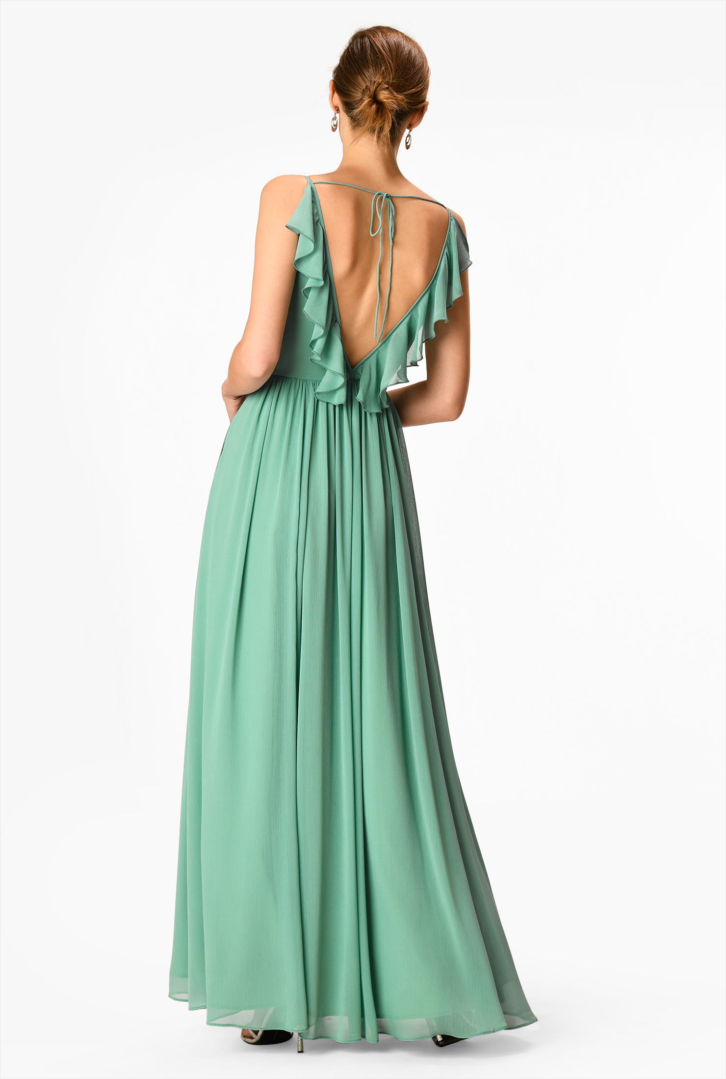Shop Ruffle plunge back chiffon maxi dress | eShakti