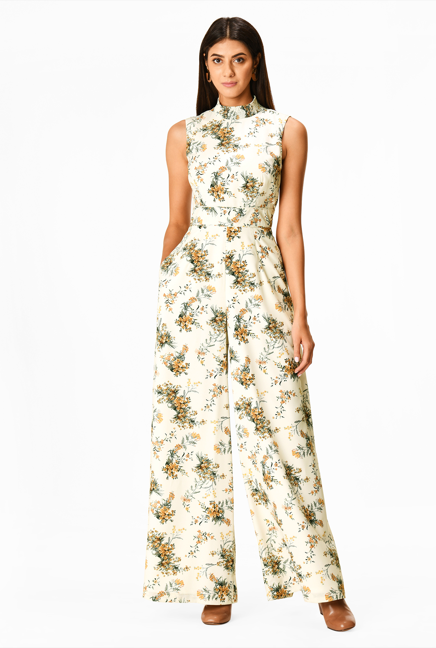 Shop Smocked high neck floral print crepe jumpsuit | eShakti