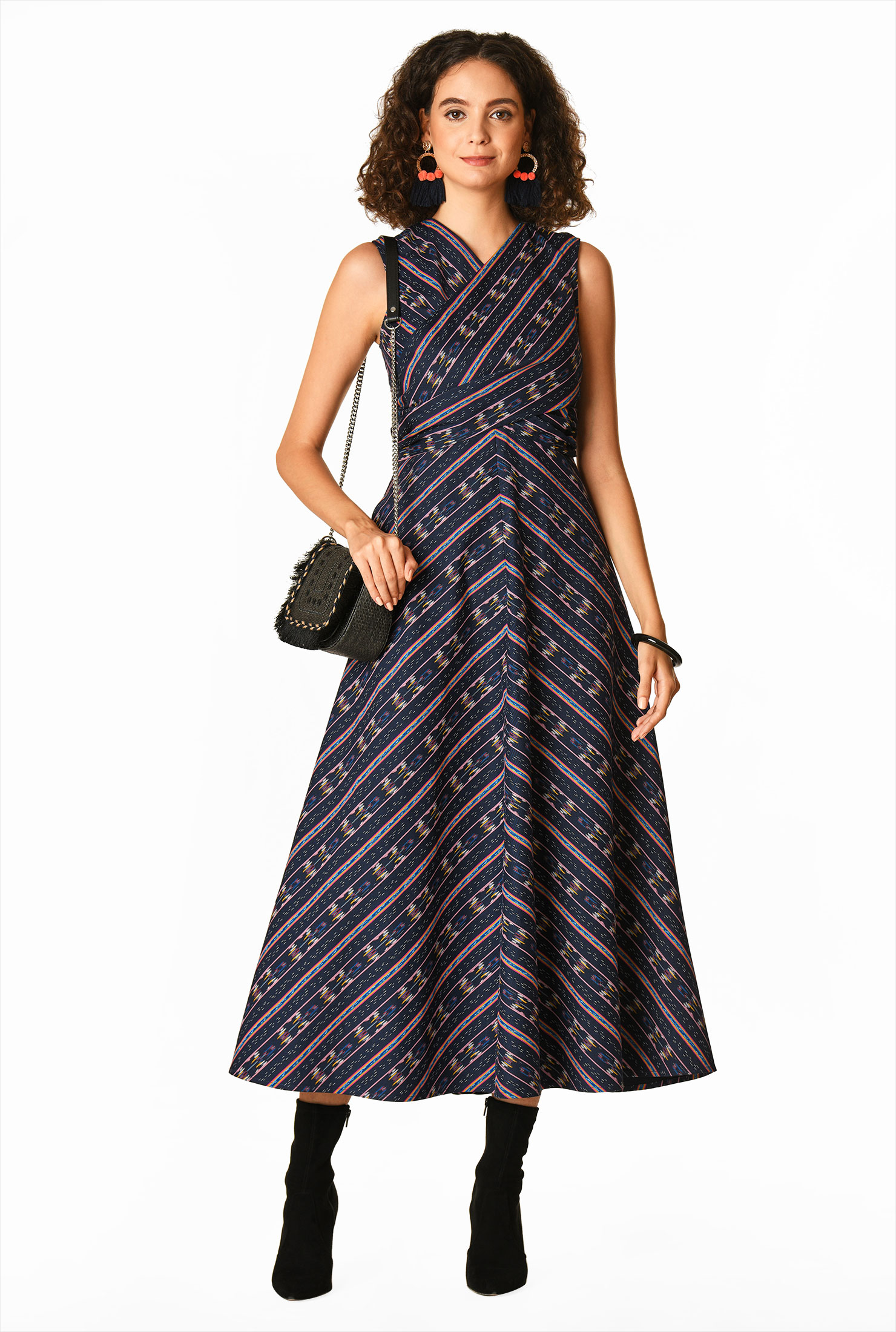 Shop Graphic stripe print cotton pleat cross front dress | eShakti