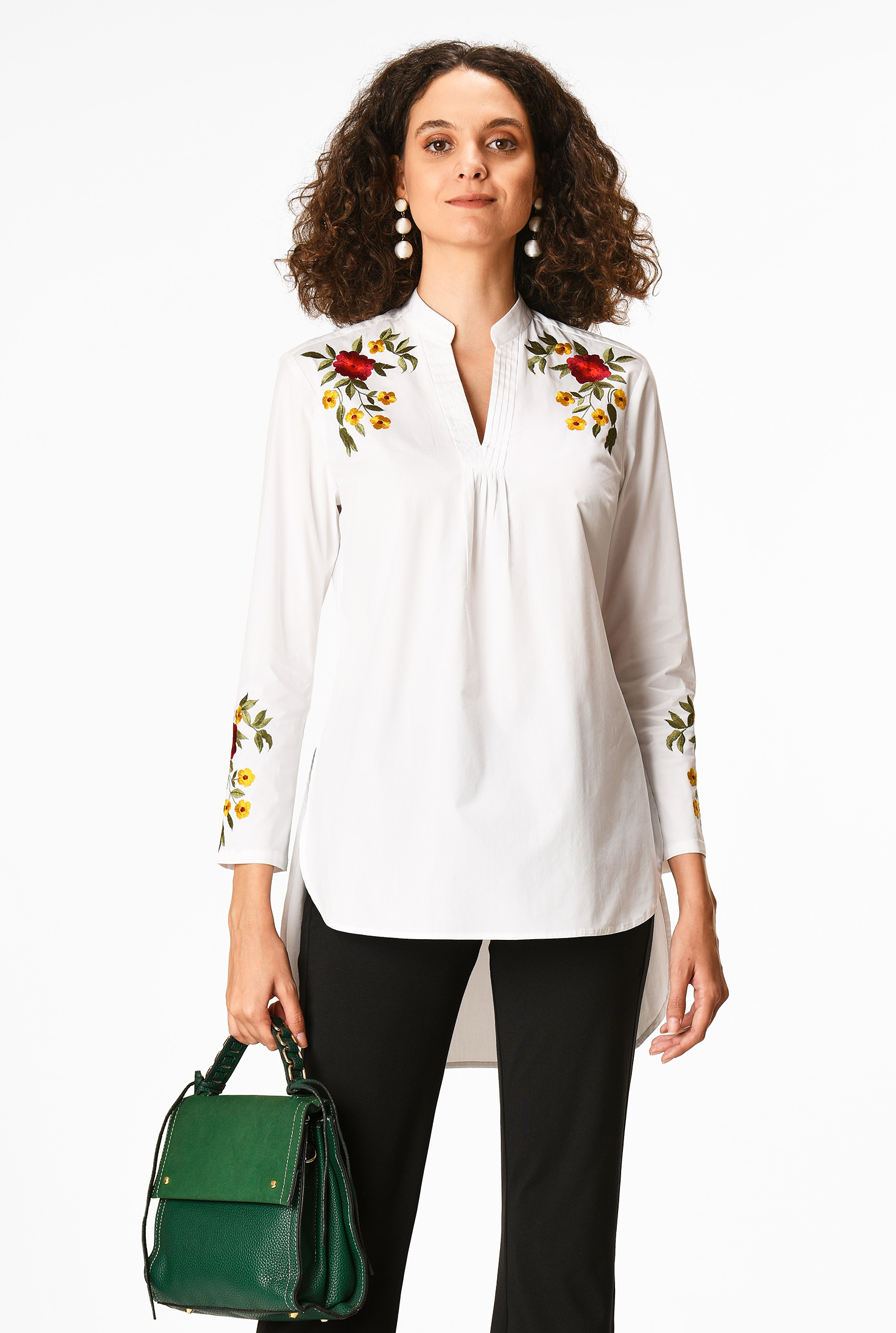 Shop Floral embellished poplin high-low tunic | eShakti