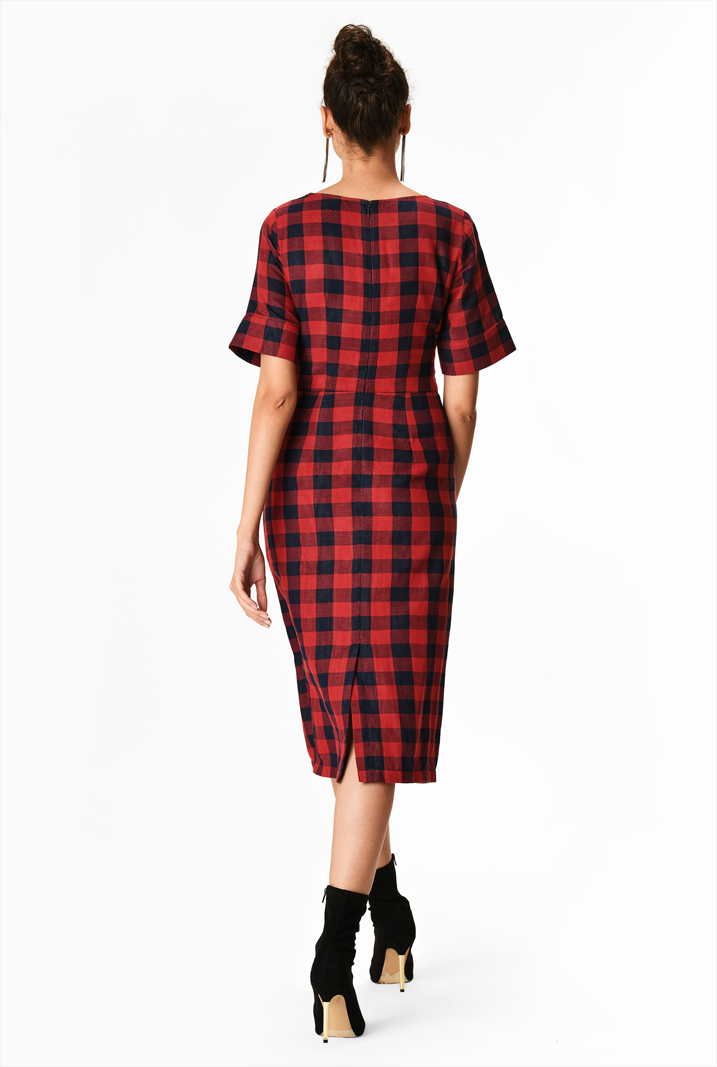 Shop Knot waist cotton check sheath dress | eShakti