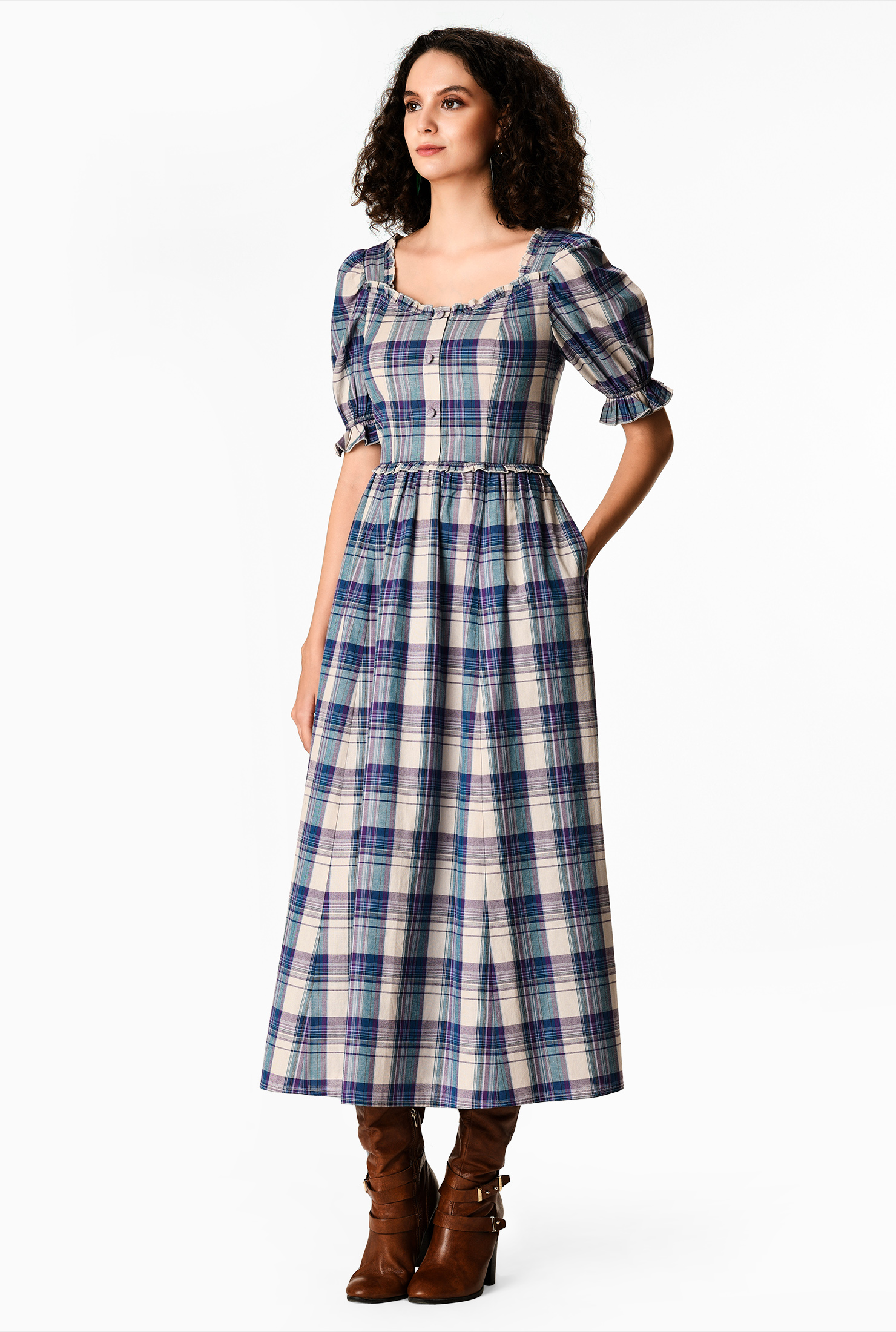 Shop Ruffle frill trim cotton plaid dress | eShakti