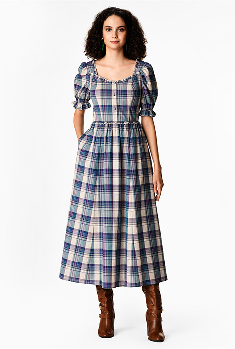 Shop Ruffle frill trim cotton plaid dress | eShakti
