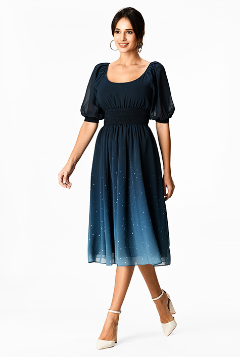 Shop Ombre star print smocked waist georgette dress | eShakti