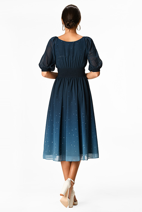 Shop Ombre star print smocked waist georgette dress | eShakti