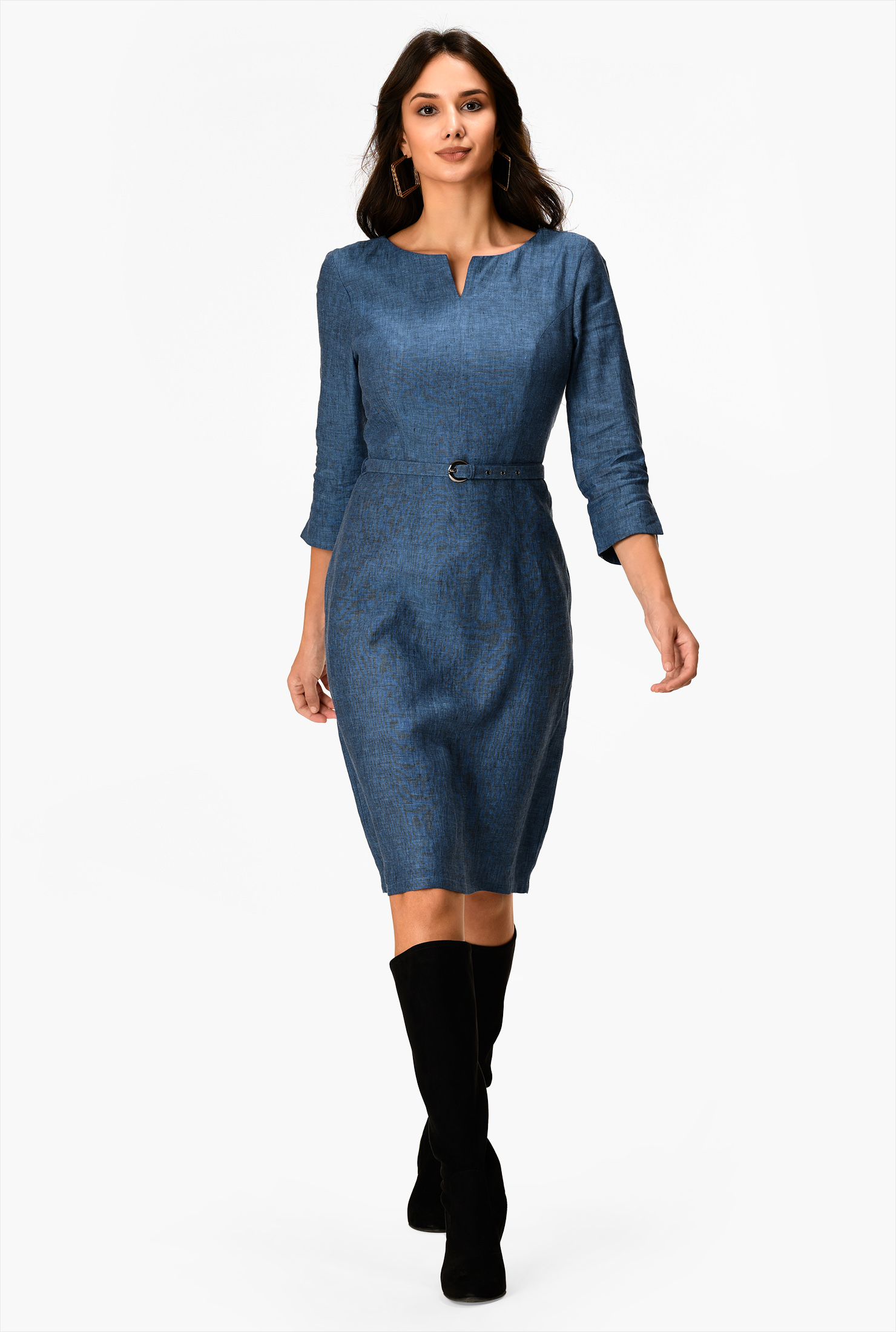 Shop Split neck cotton chambray sheath belted dress | eShakti