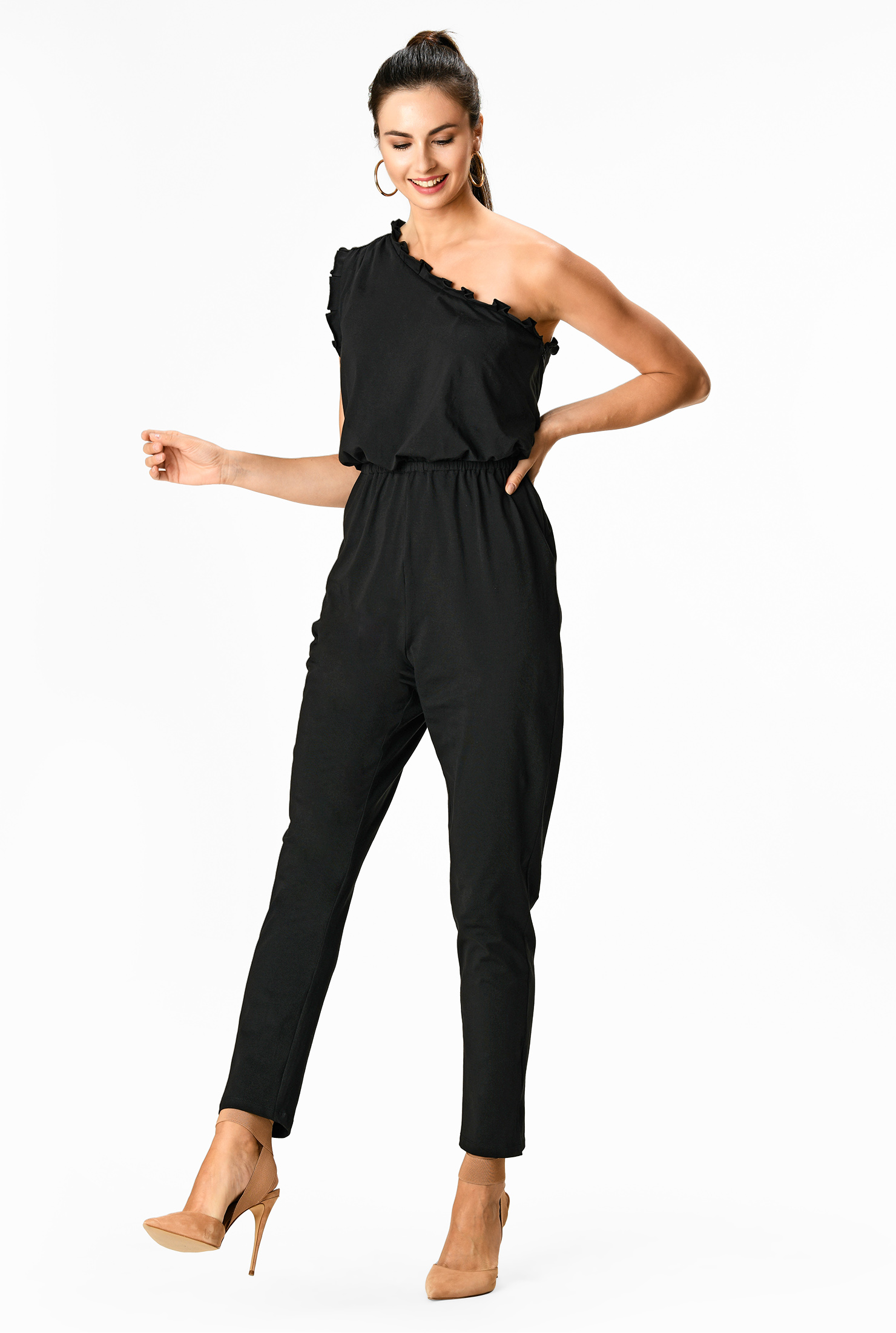 Shop One-shoulder ruffle cotton knit jumpsuit | eShakti