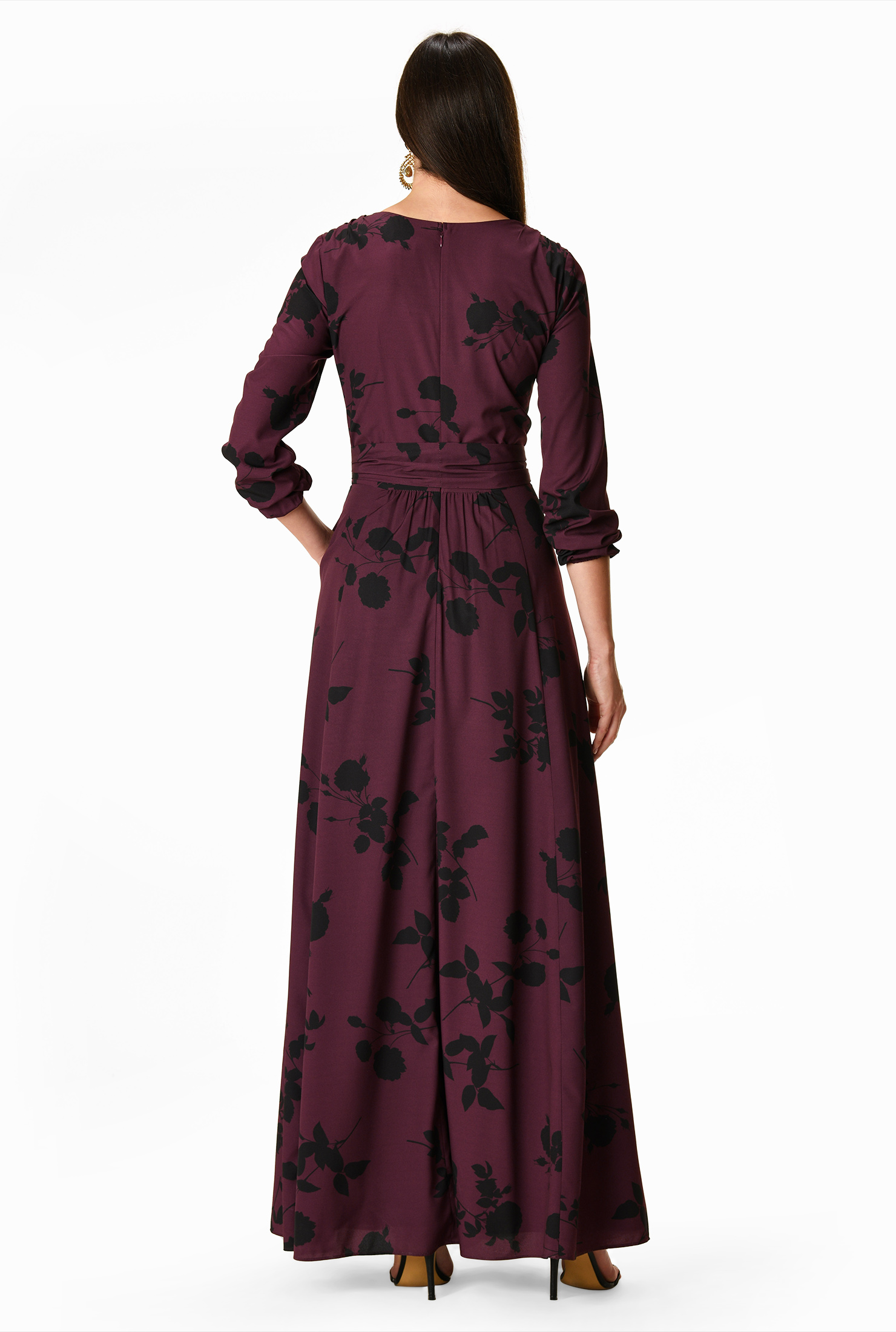 Shop Pleated floral print matte crepe maxi dress | eShakti