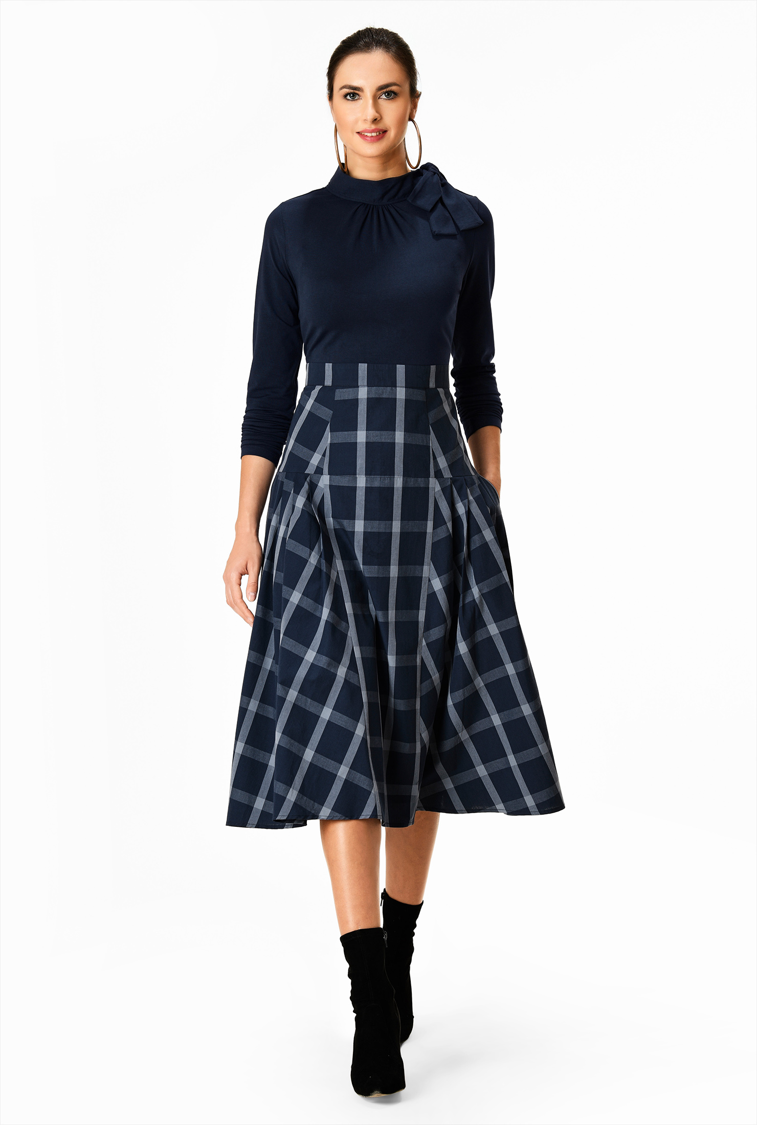Shop Tie neck cotton knit and cotton check dress | eShakti
