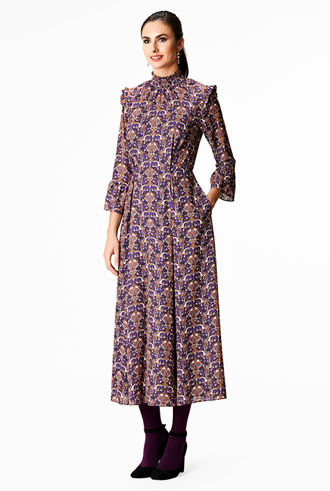 Shop Floral tile print ruffle trim crepe dress | eShakti