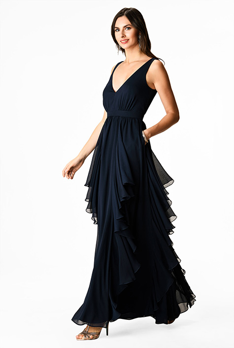 Shop Ruffle cascade chiffon maxi dress | eShakti