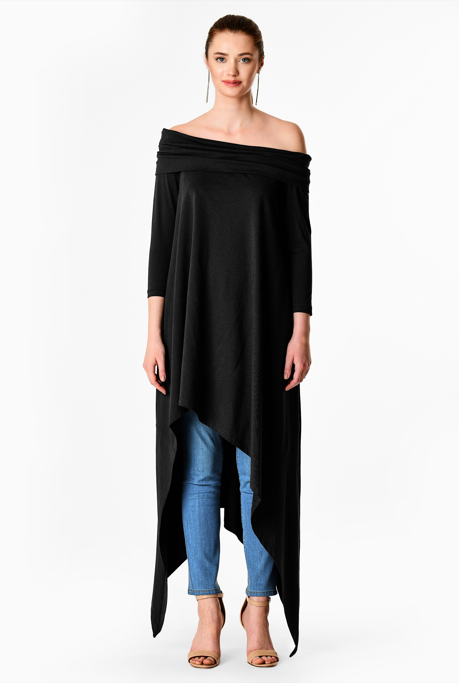 Shop Off-the-shoulder asymmetric hem cotton knit dress | eShakti