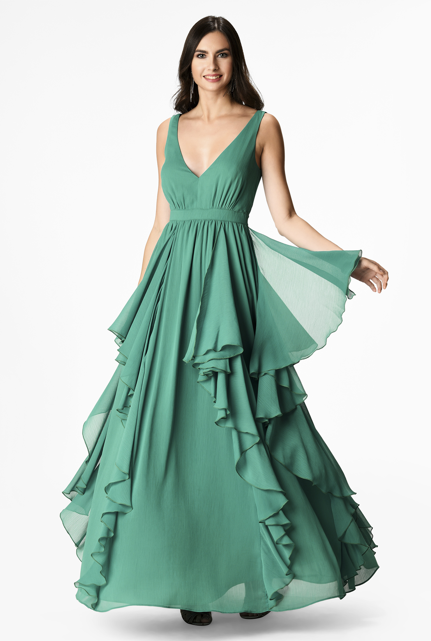 Shop Ruffle cascade chiffon maxi dress | eShakti
