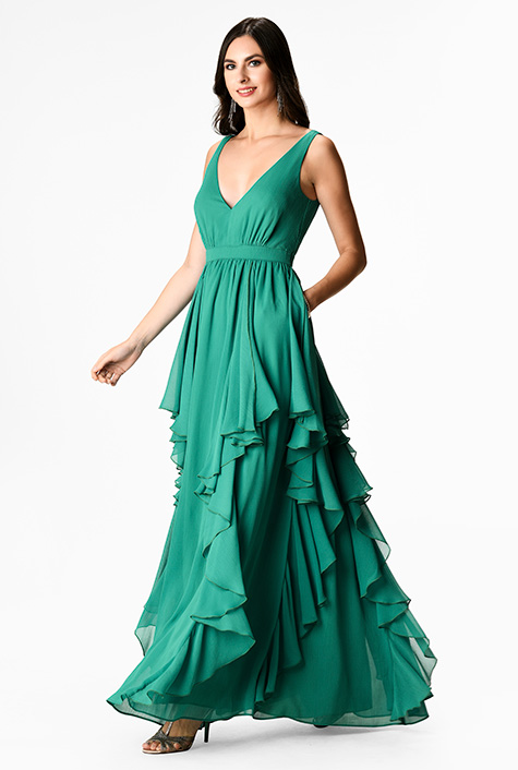 Shop Ruffle cascade chiffon maxi dress | eShakti