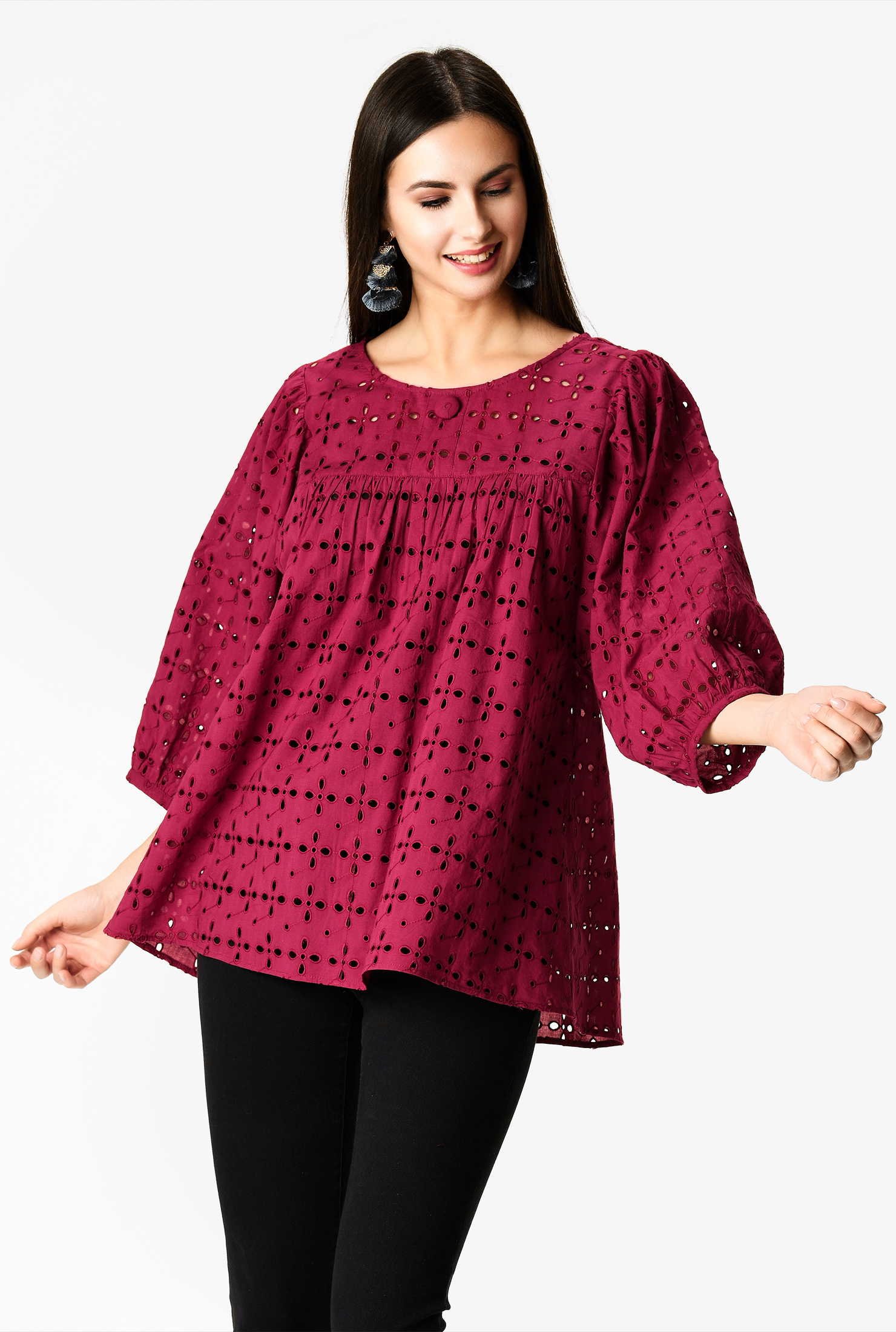 Shop Blouson sleeve cotton eyelet top | eShakti