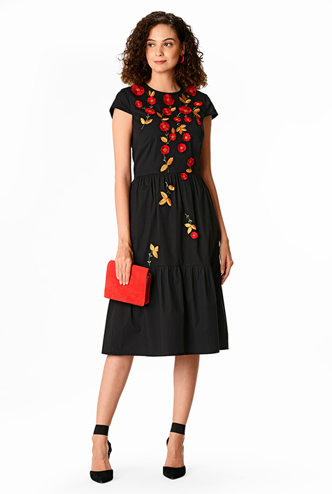 Shop Floral embellished cotton poplin ruffle flounce dress | eShakti