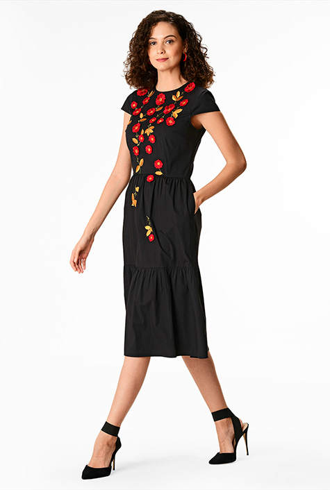 Shop Floral embellished cotton poplin ruffle flounce dress | eShakti